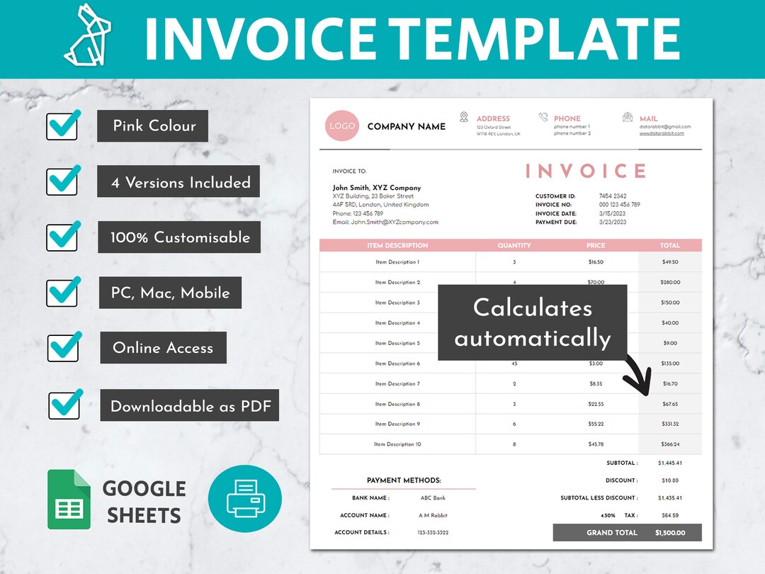 Pink Invoice Google Sheets Template | Business Invoice | Order Form ...