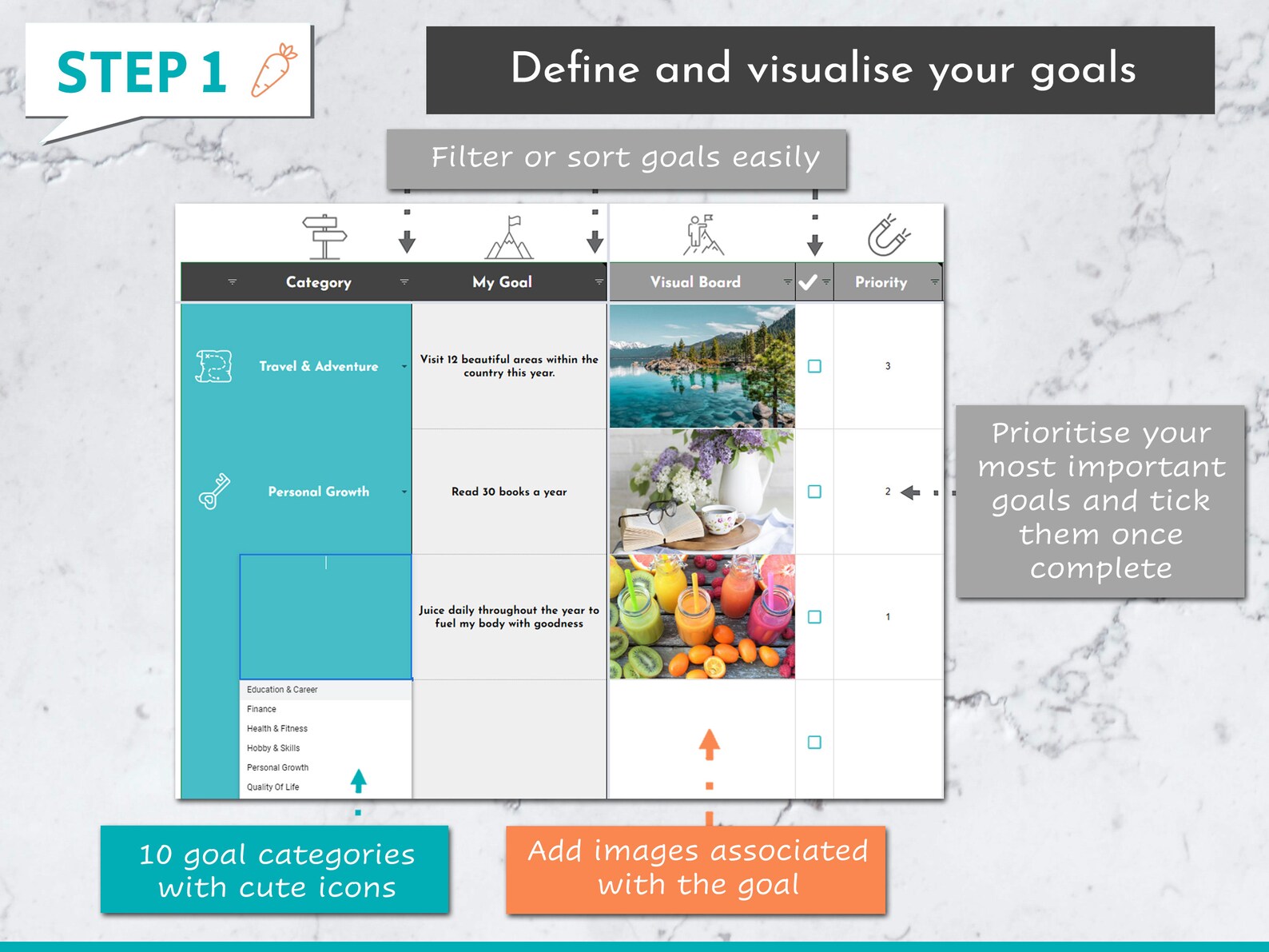 Vision Board Google Sheets Template | Goal Board | Dream Board ...