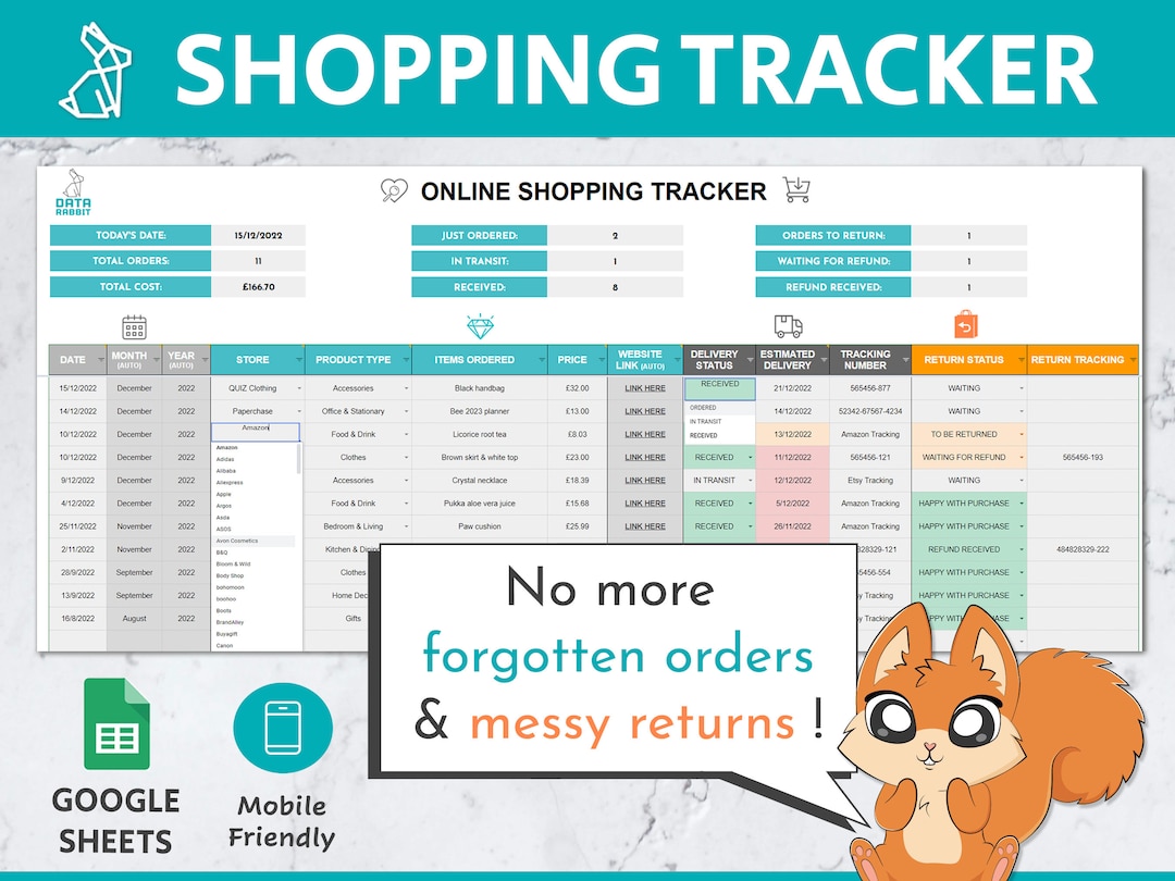 Online Shopping Tracker | Editable & Printable Google Sheets Parcel ...