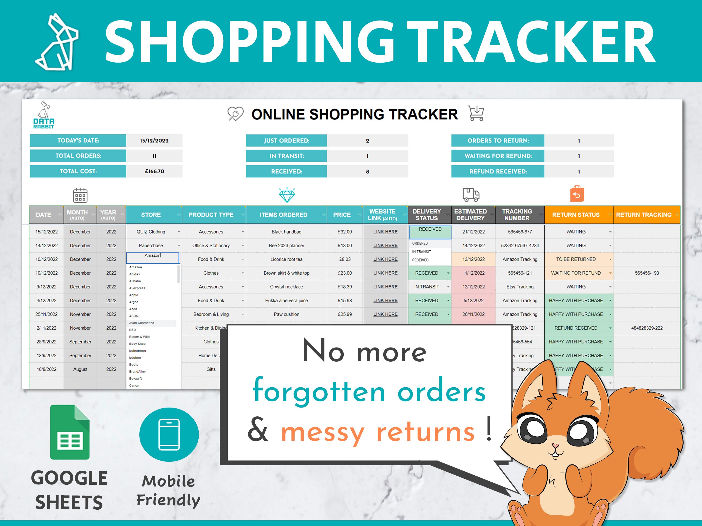 Online Shopping Tracker | Editable & Printable Google Sheets Parcel ...