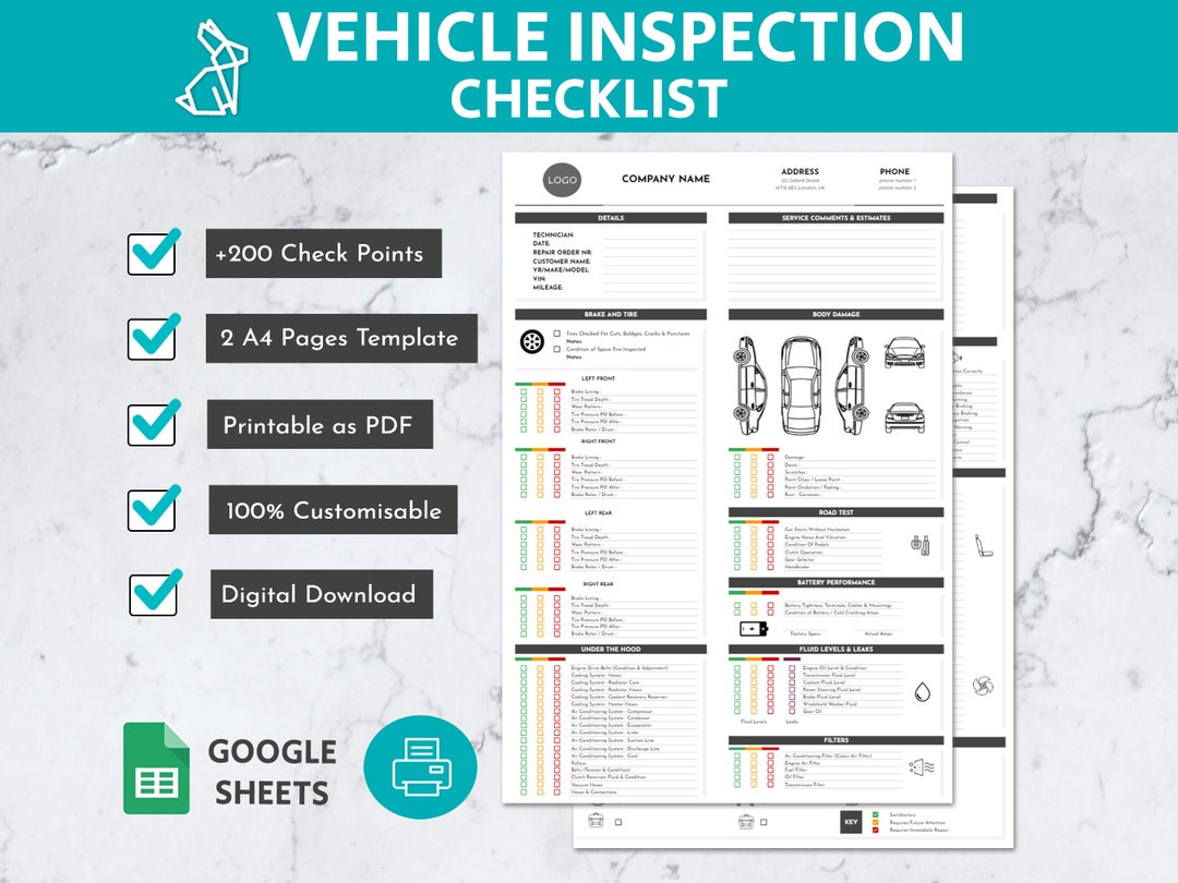 200 Point Vehicle Inspection Checklist Printable & Editable Google ...