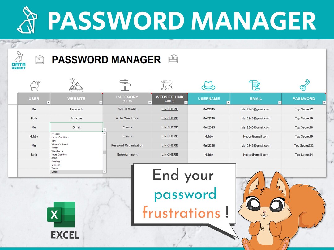 Password Manager Excel Template: Login Tracker (digital Download) - Etsy