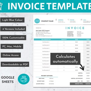 Light Blue Invoice Google Sheets Template | Business Invoice | Order ...