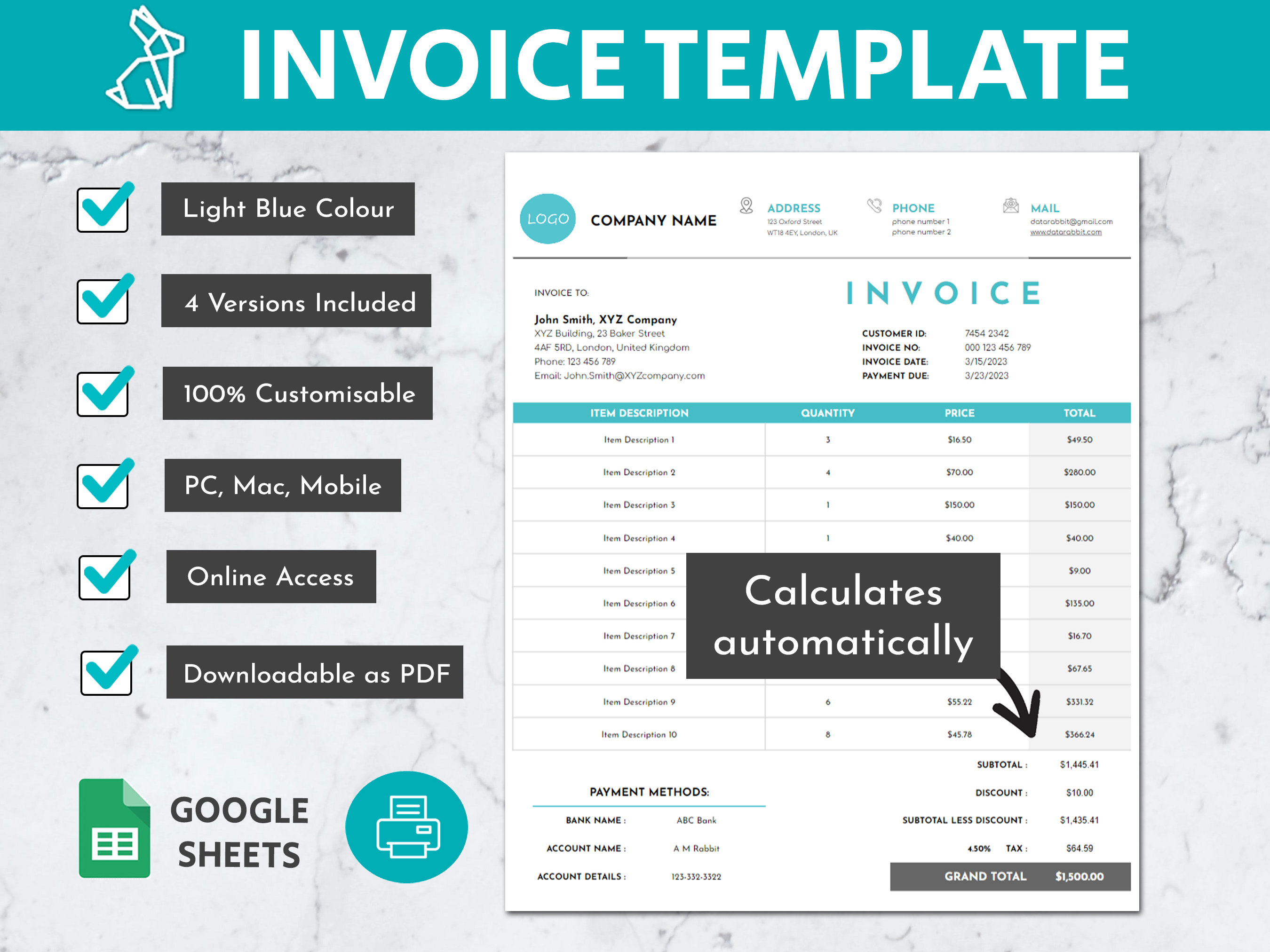 Light Blue Invoice Google Sheets Template | Business Invoice | Order ...