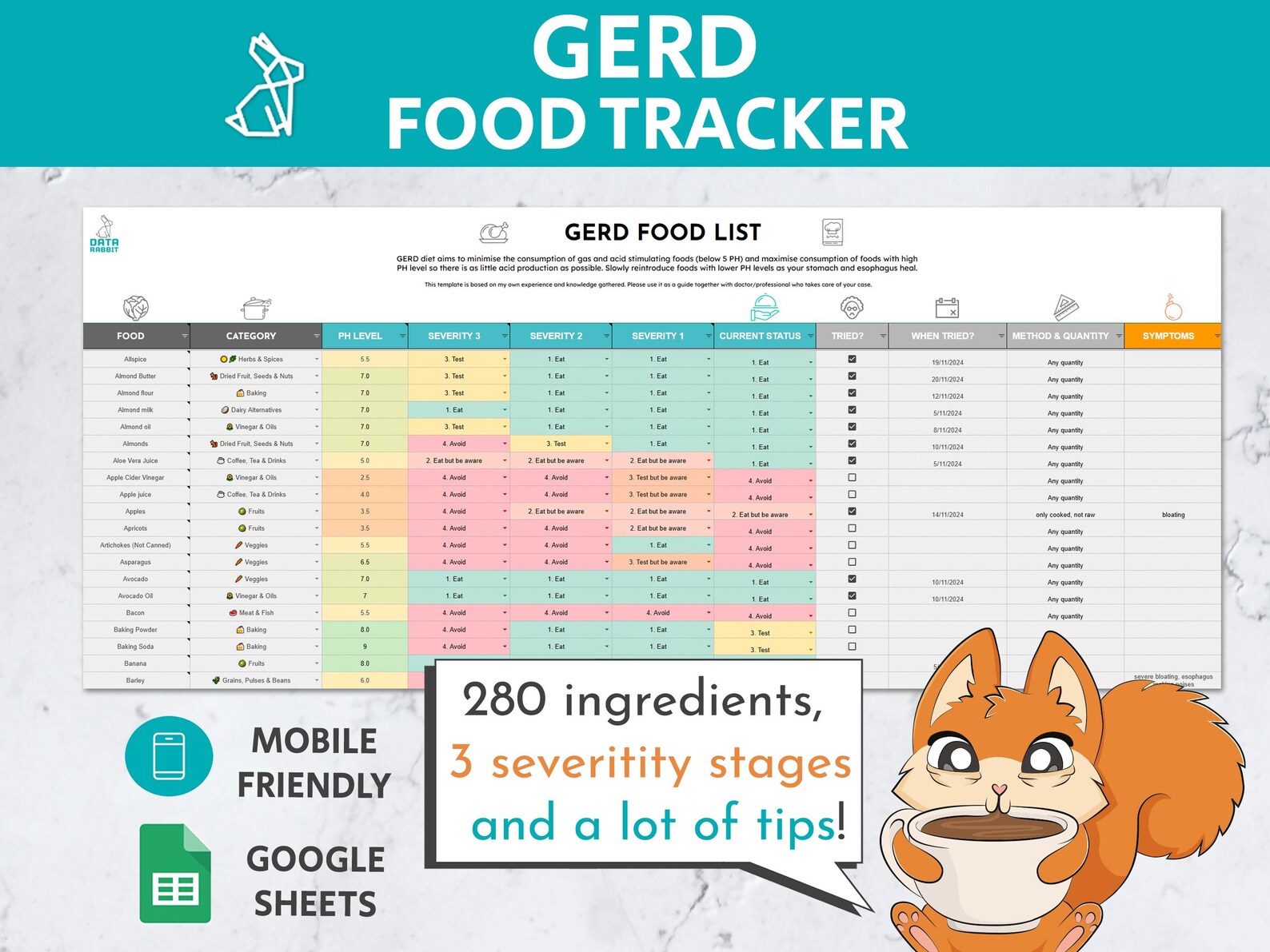 GERD Food Tracker Google Sheet Template | GERD Diet | Gerd Food Chart ...