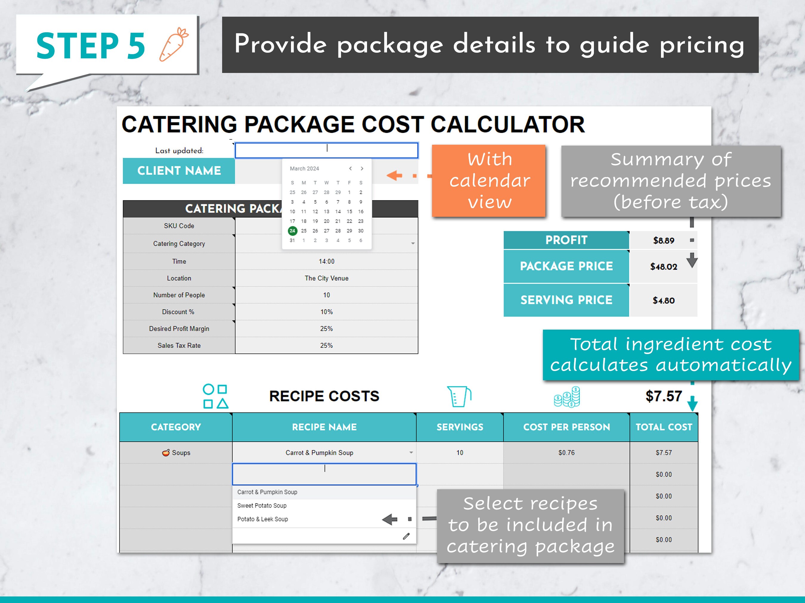 Catering Package Cost, Price & Profit Calculator U.S Version | Google ...