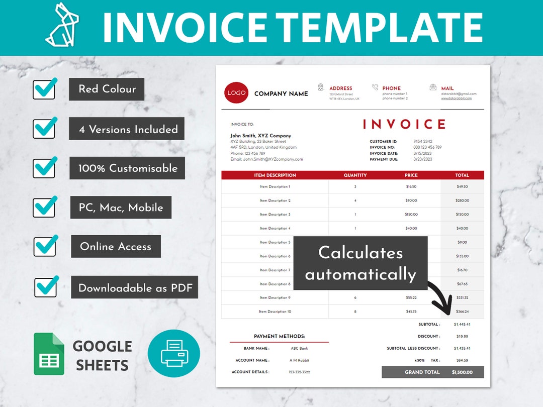 Modern Red Invoice Google Sheets Template | Business Invoice | Order ...