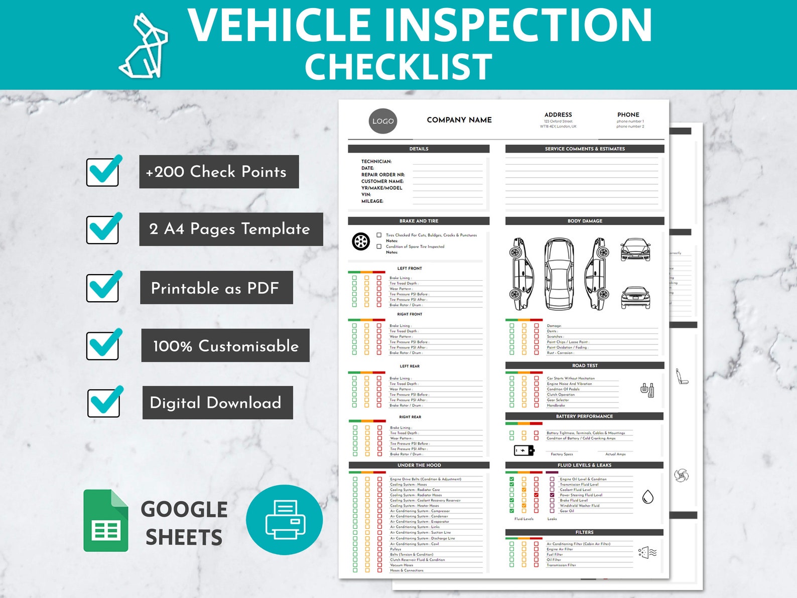200+ Point Vehicle Inspection Checklist | Printable & Editable Google ...
