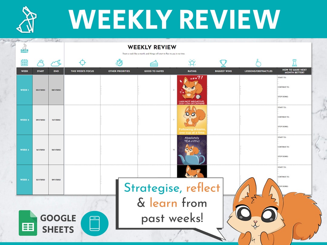 Weekly Review | Google Sheets Template | Weekly Reflections | Weekly ...