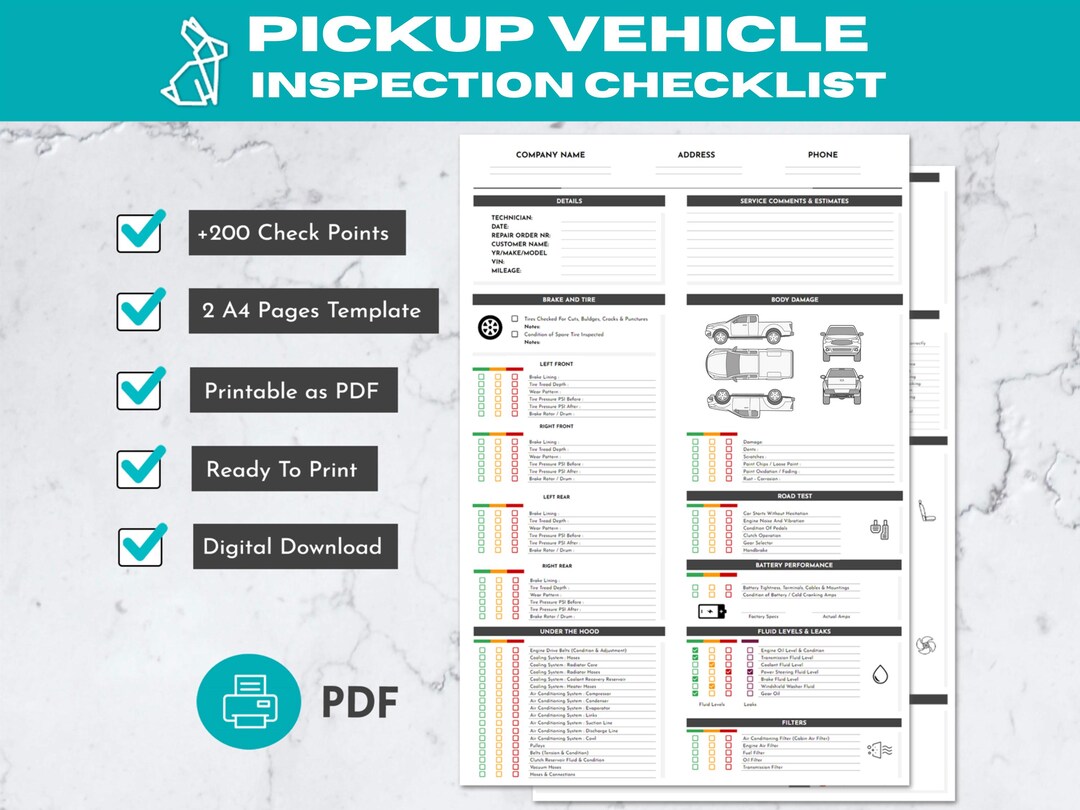 PDF Pickup Vehicle Inspection Checklist | Auto Repair | Car Safety ...