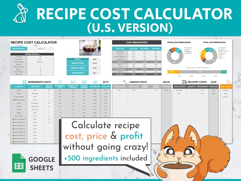 U.S. Recipe Cost, Price & Profit Calculator Google Sheets Template ...