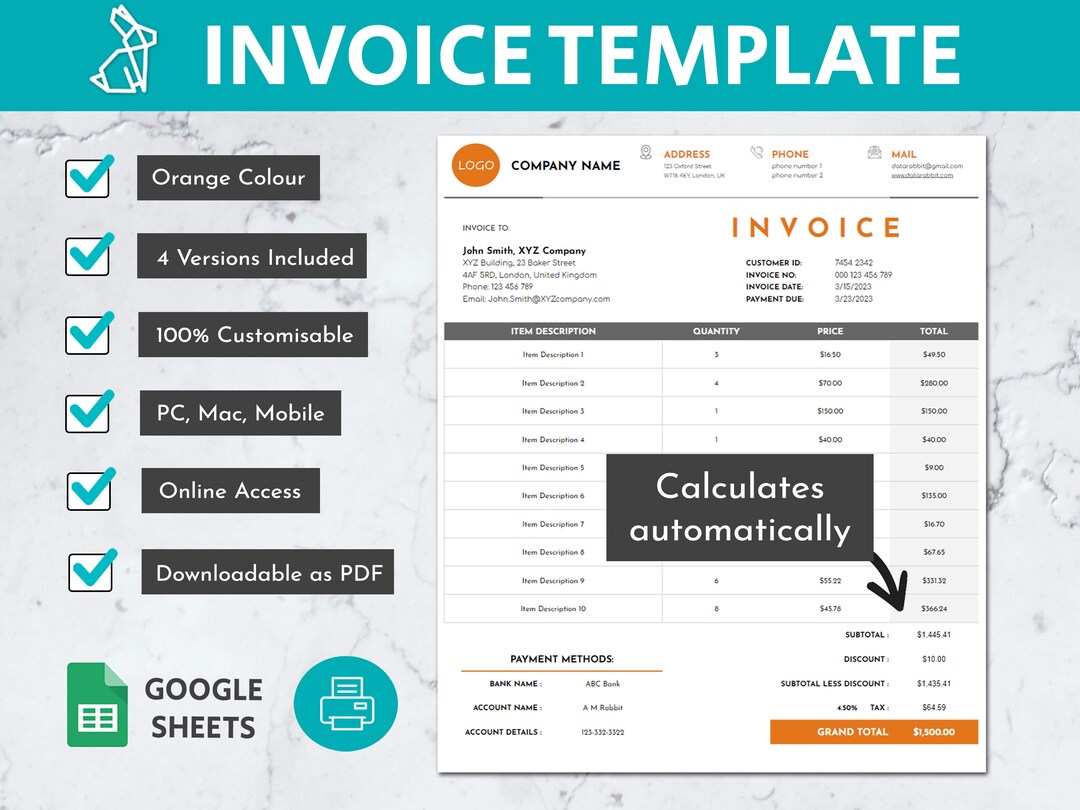 Professional Orange Invoice Google Sheet Template | Business Invoice ...