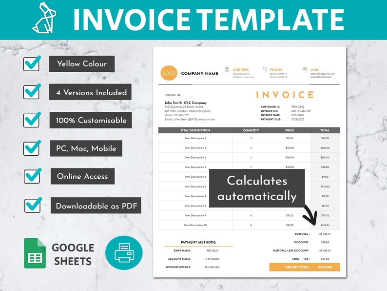 Yellow Automated Invoice Google Sheets Template | Business Invoice ...