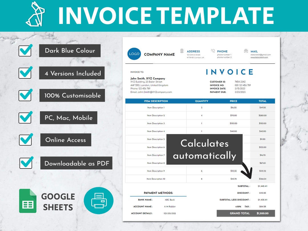 Dark Blue Invoice Google Sheets Template Business Invoice Order Form ...