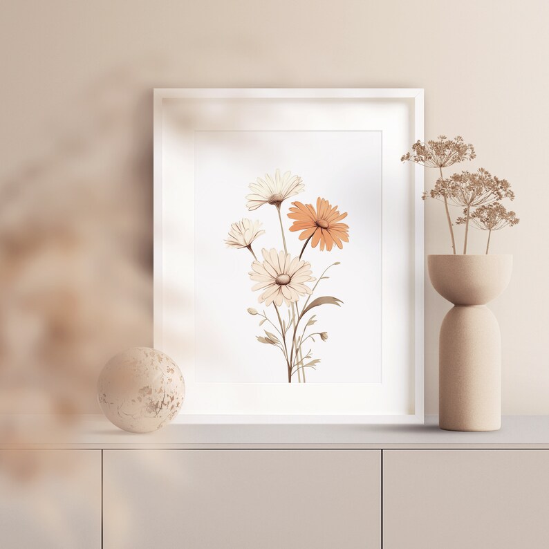 Daisy Bouquet Printable, Boho Flower Wall Art, Cream Beige Decor ...