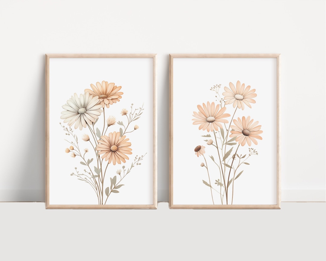 Daisy Set of 2 Printable, Watercolor Boho Flower Wall Art, Beige ...