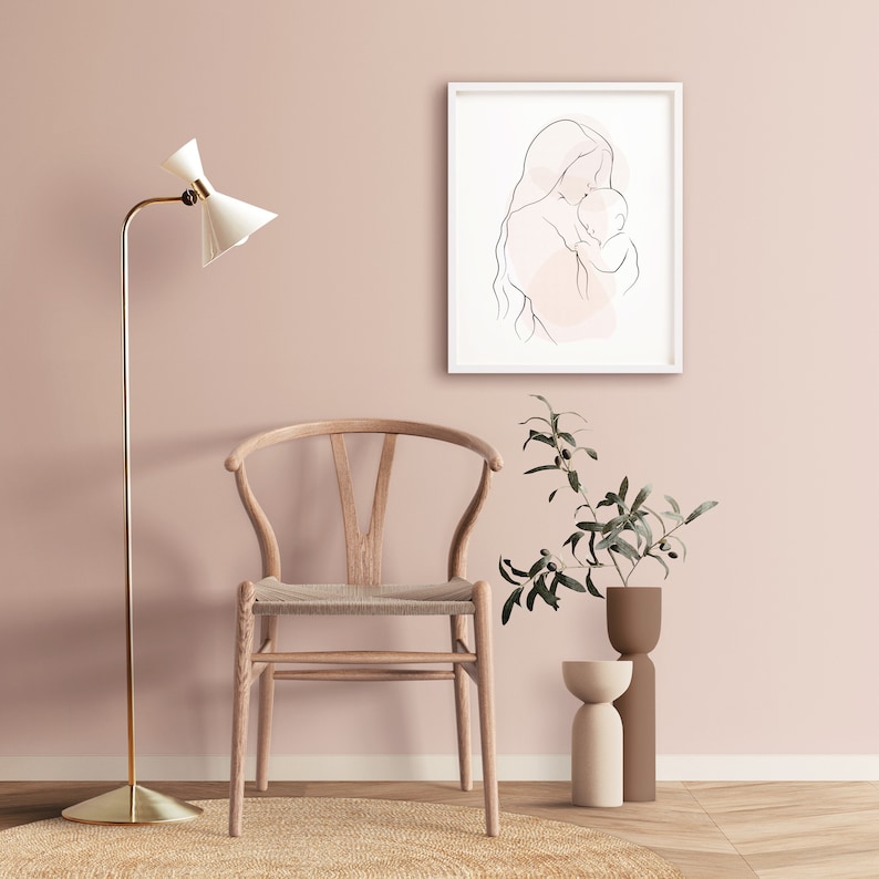 Baby and Mom, Pink Girls Nursery Room, Gift One Line Art Printable ...