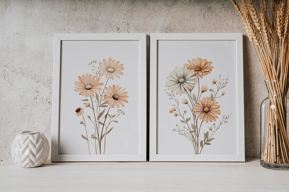 Daisy Set of 2 Printable, Watercolor Boho Flower Wall Art, Beige ...