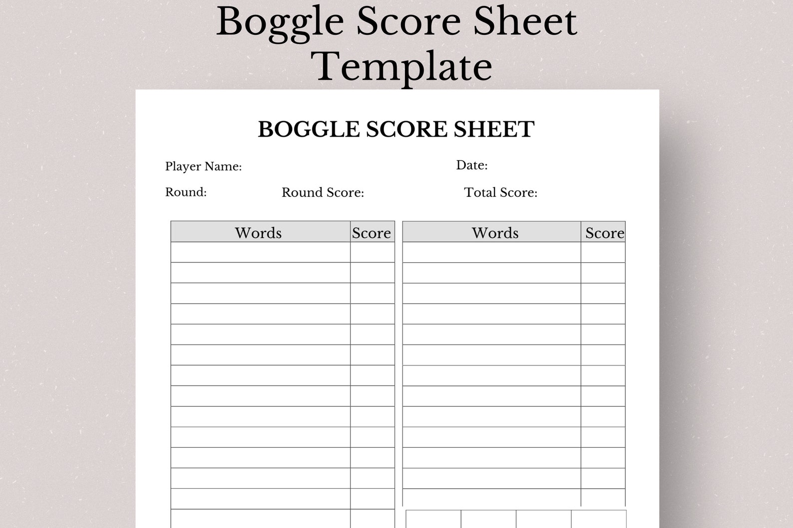 Boggle Score Sheet Template, Printable Boggle Score Sheet, Card Game ...