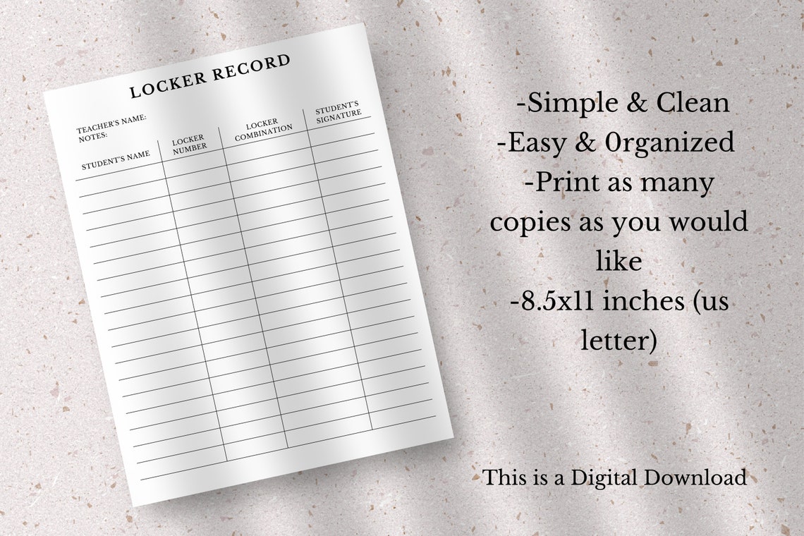 Printable Locker Record Template (digital Download) - Etsy