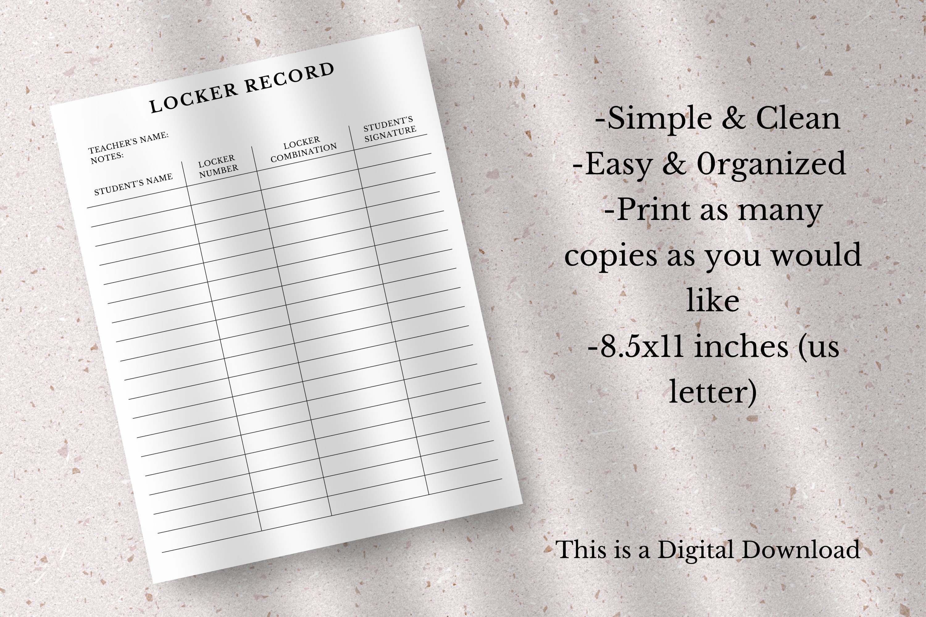 Printable Locker Record, Locker Record Sheet, Locker Record, Locker ...