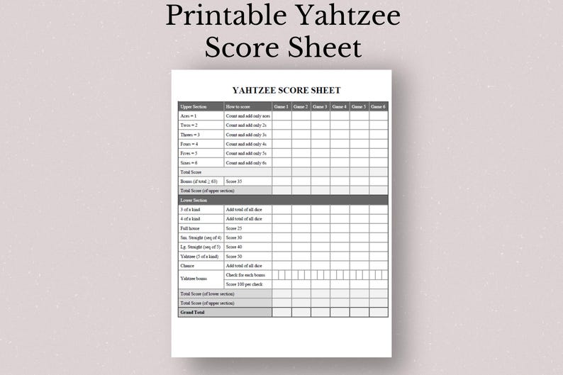 Printable Yahtzee Score Sheet Template, Family Game Night (digital ...