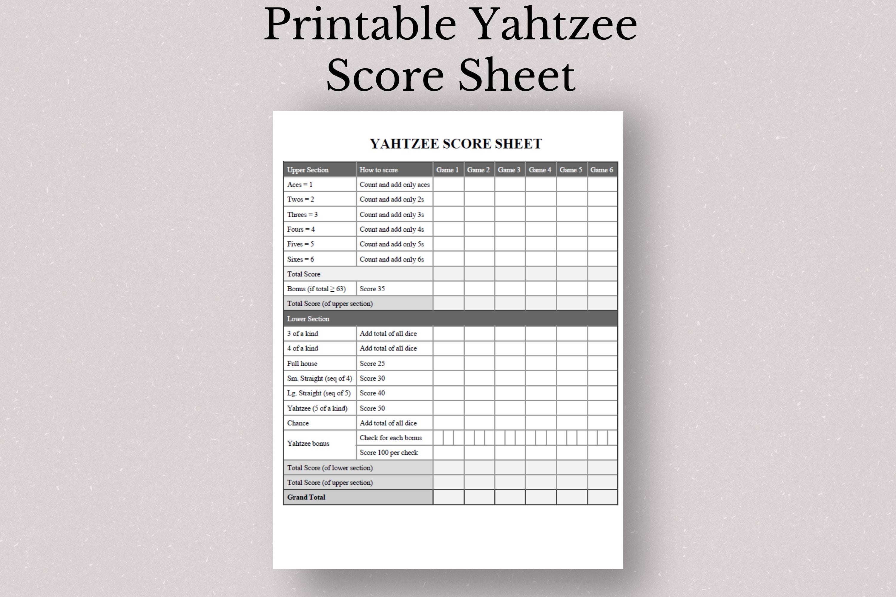 Yahtzee Score Sheet Template, Printable Yahtzee Score Card, Printable ...