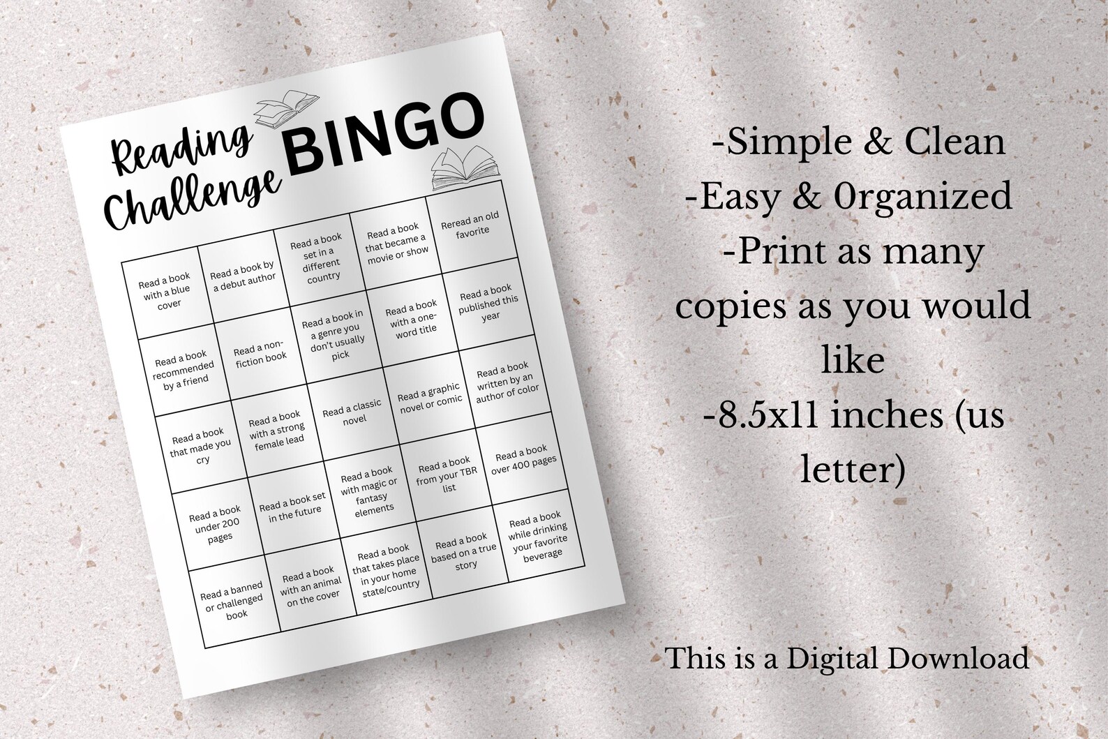 Reading Challenge Bingo Game Printable Fun Book Tracker Reading Log ...