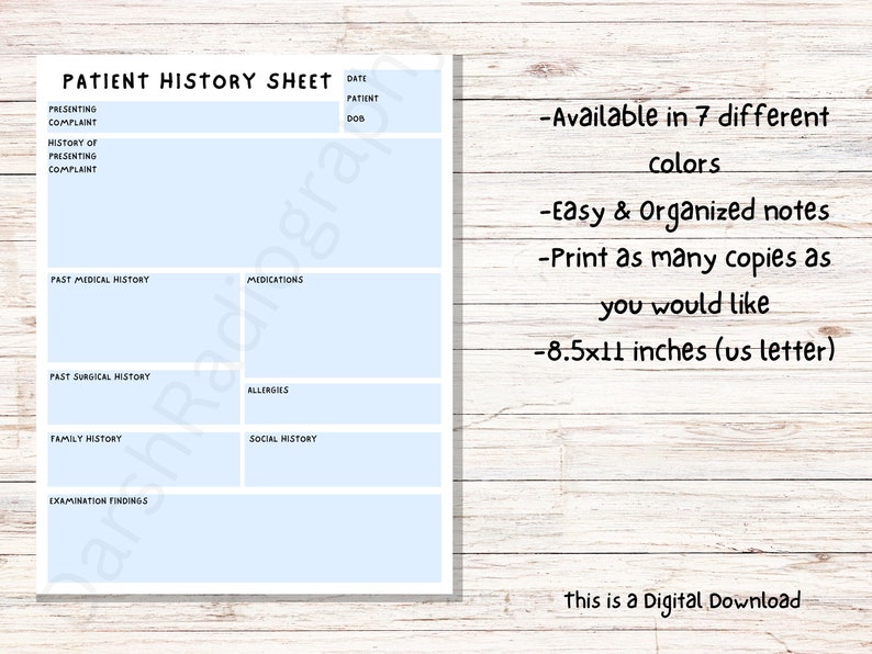 Patient History Taking Sheet Template, Medical Notes (digital Download ...