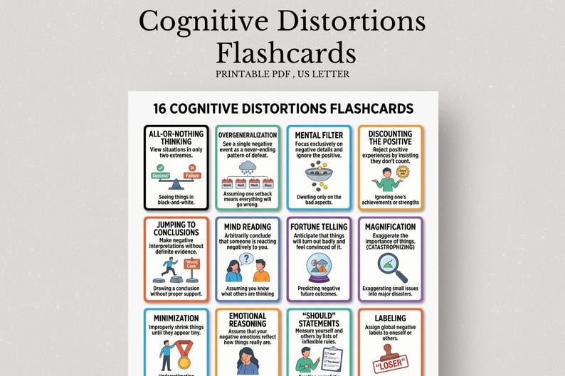 16 Cognitive Distortions Flashcards Printable, CBT Thinking Errors ...