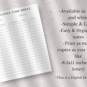 Employee Time Sheet, Employee Work Log Sheet, Clock in and Out Template ...
