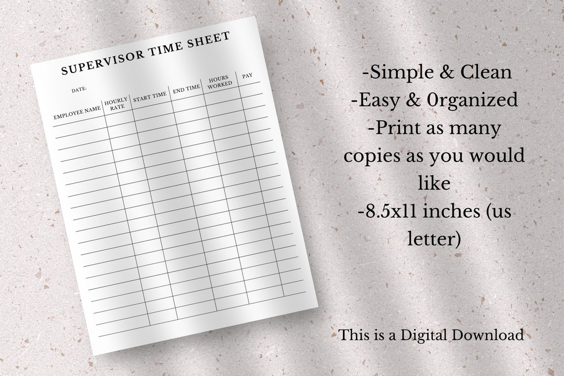 Supervisor Time Sheet, Supervisor Employee Work Log Sheet, Clock in and ...