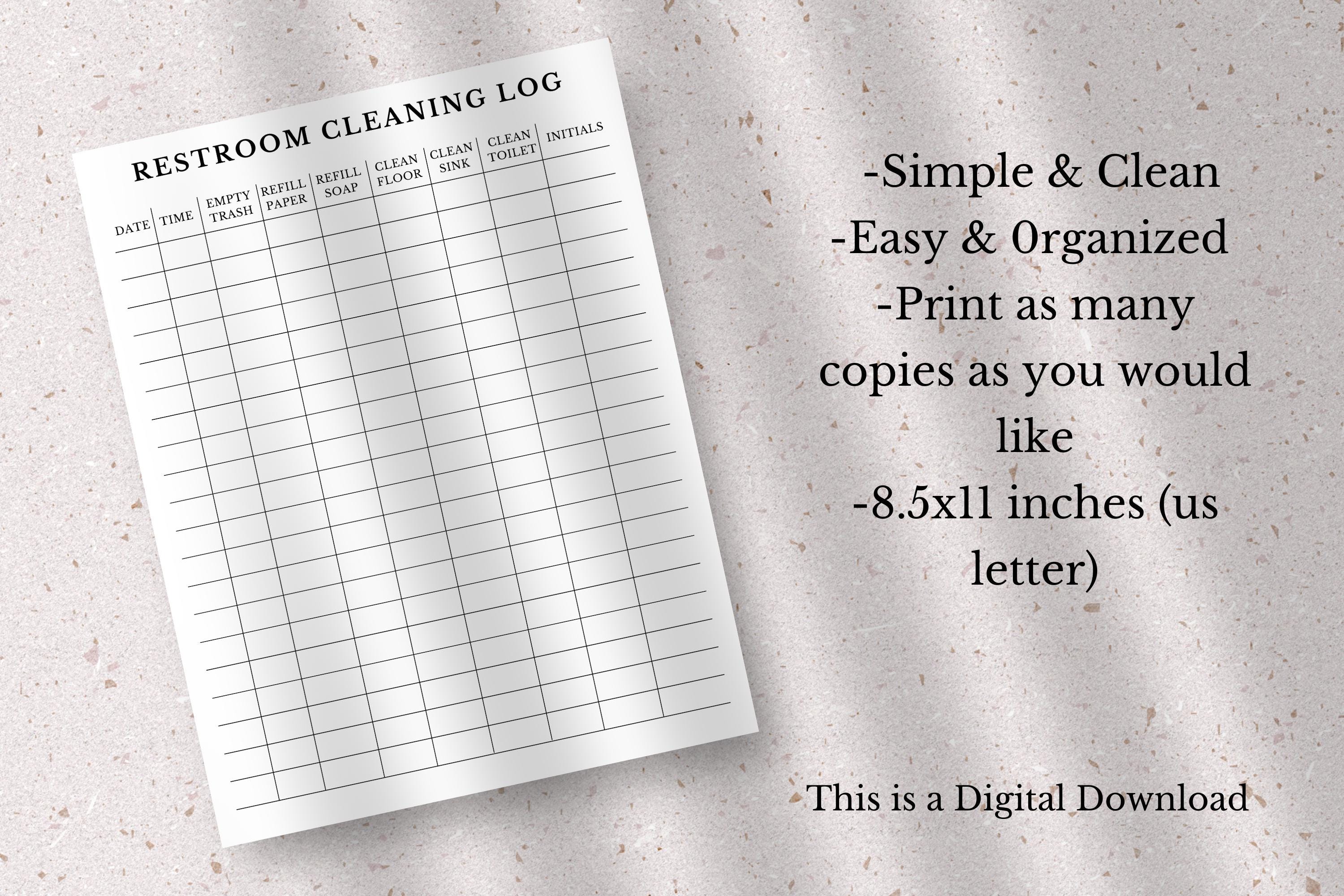 Restroom Cleaning Log, Cleaning Restroom Checklist, Cleaning Forms ...