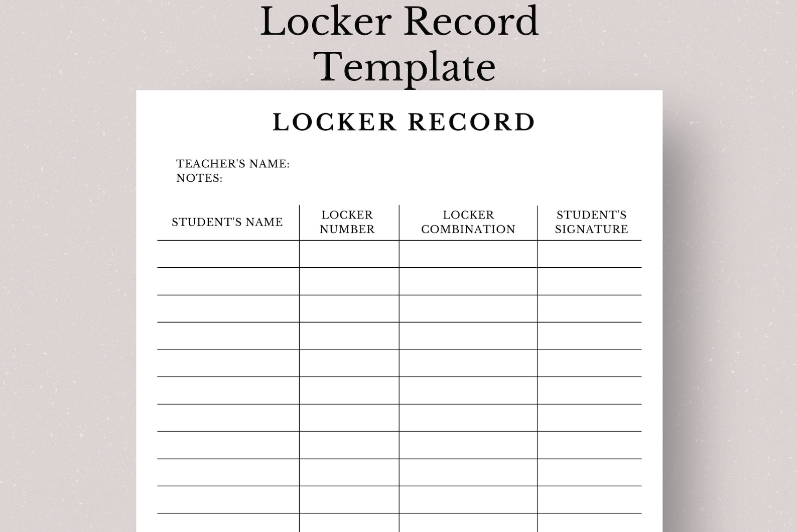 Printable Locker Record, Locker Record Sheet, Locker Record, Locker ...