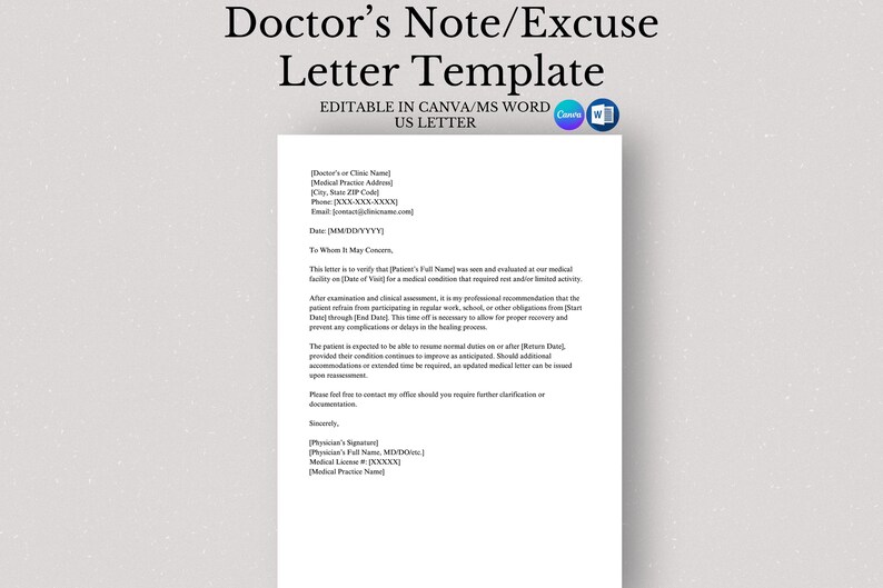 Editable Doctor's Note Template, Medical Excuse Letter (canva & Word ...