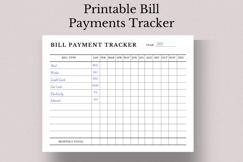 Yearly Bill Payment Tracker Printable, Monthly Expense Log (digital ...