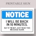 Printable "i Will Be Back" Sign, Office Lunch Break Notice (digital ...