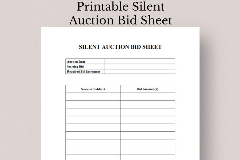 Silent Auction Bid Sheet Printable, Fundraiser Bidding Form (PDF) - Etsy