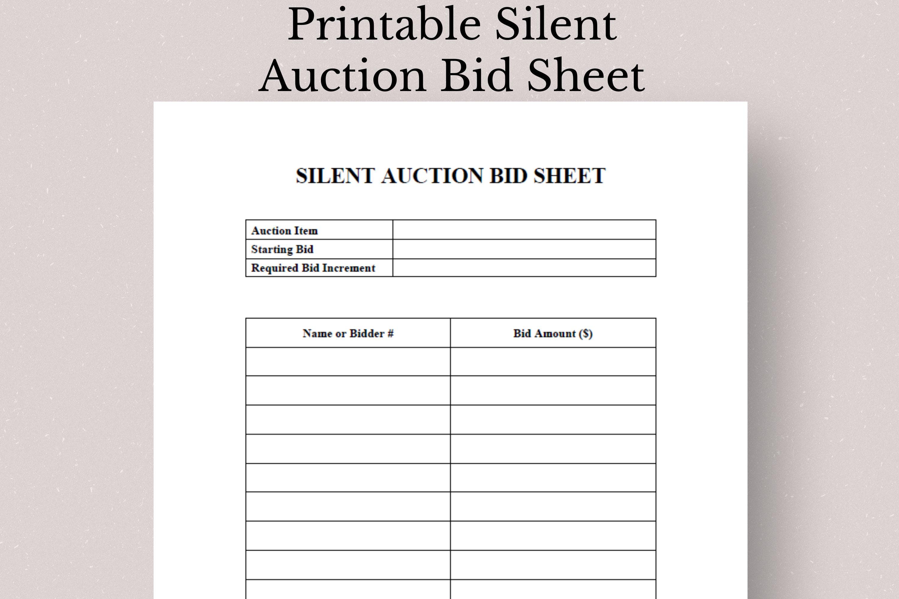 Silent Auction Bid Sheet Printable, Fundraiser Bidding Form (PDF) - Etsy