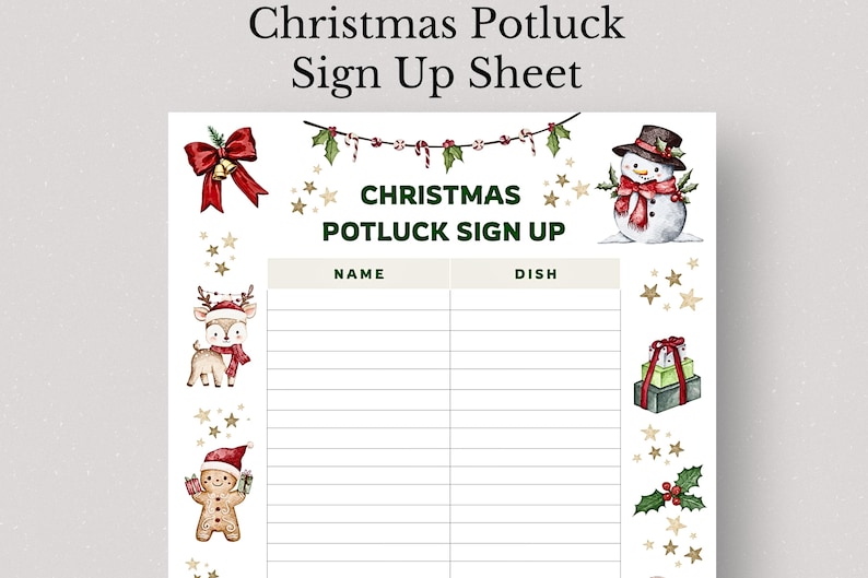 Christmas Potluck Sign-up Sheet | Holiday Party Sign up List | Office ...