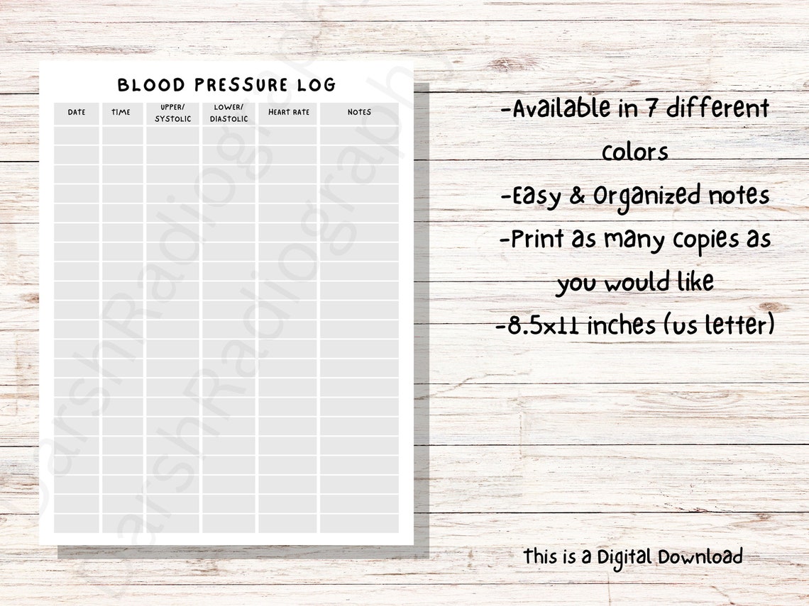 Blood Pressure Log Printable, 7 Color Options, Health Tracker PDF, BP ...