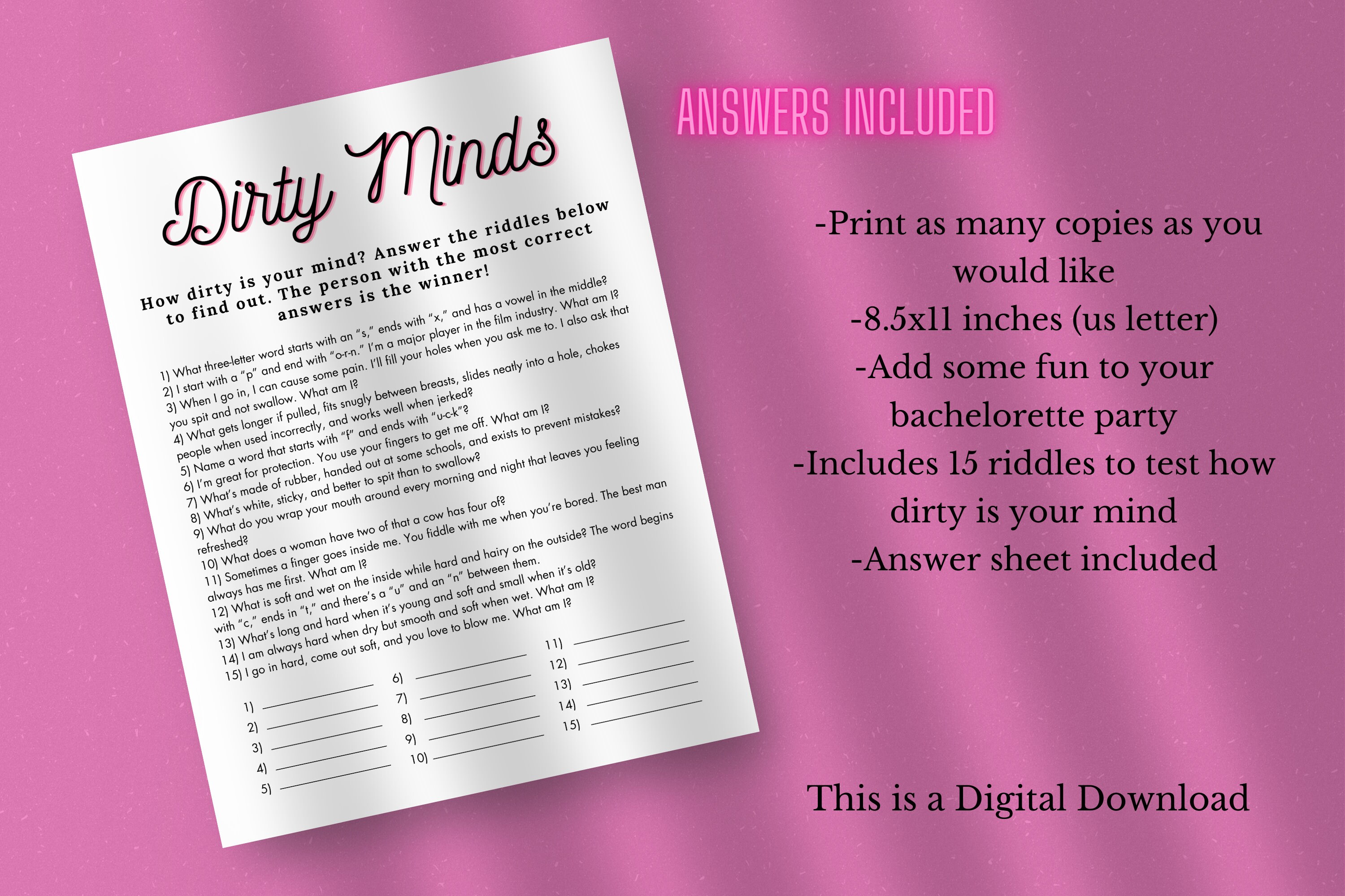 Dirty Minds Bachelorette Party Game Dirty Minds Riddles Game Dirty ...