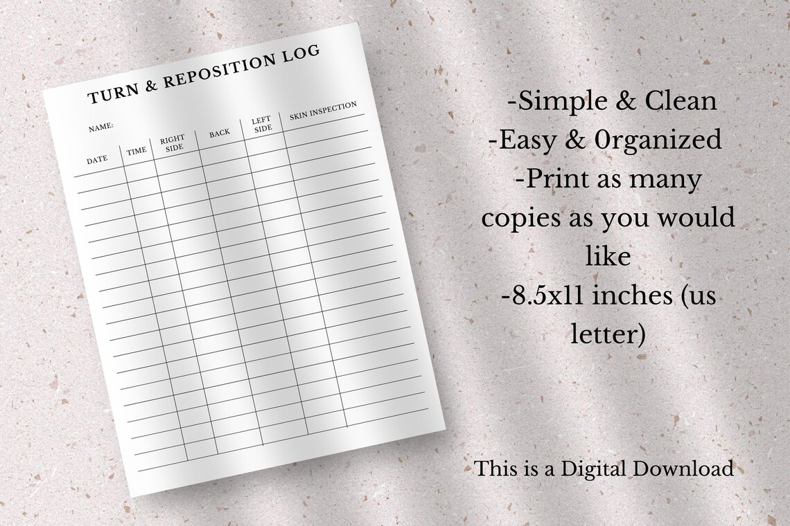Turn and Reposition Log, Patient Positioning and Turn Chart, Patient ...