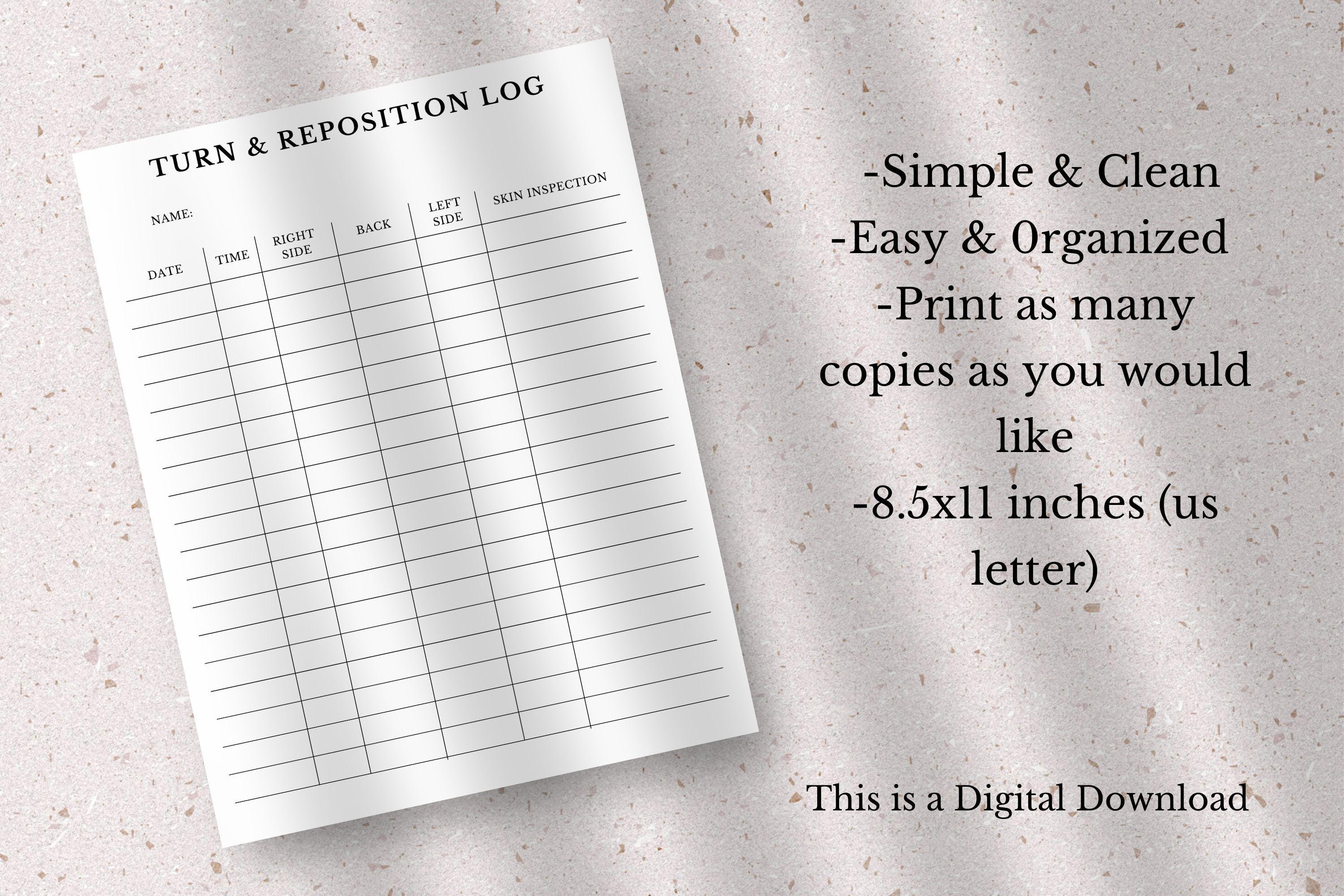 Turn and Reposition Log, Patient Positioning and Turn Chart, Patient ...