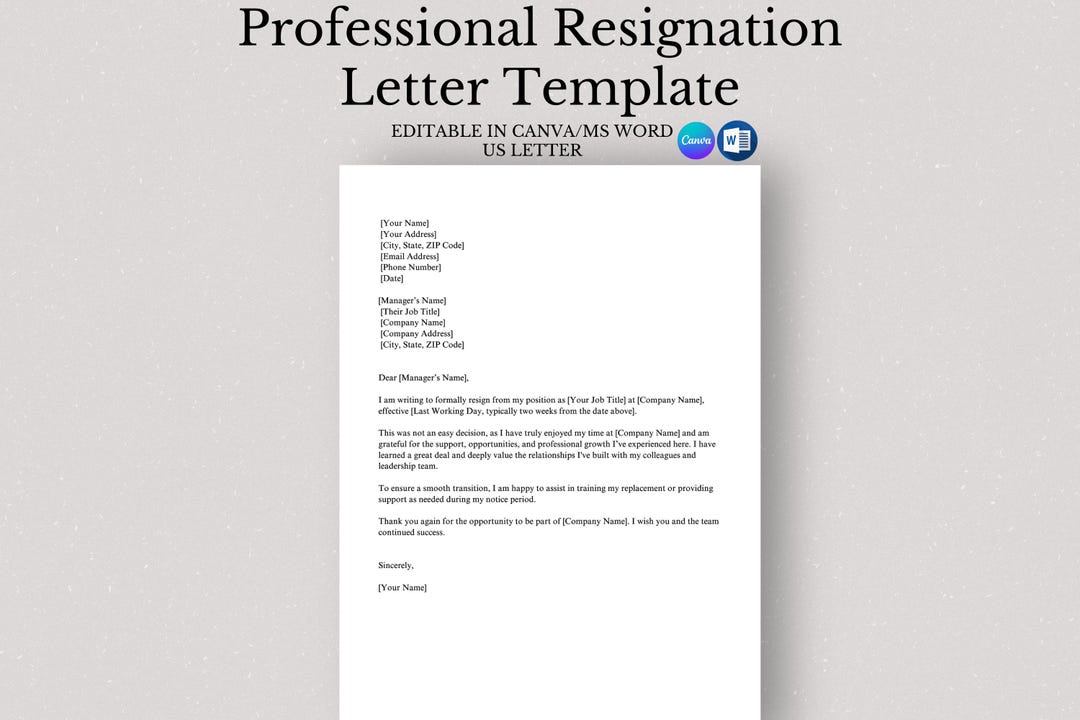 Professional Resignation Letter Template Editable in Canva & Word ...
