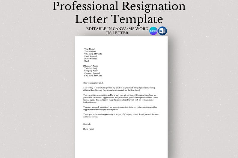 Professional Resignation Letter Template Editable in Canva & Word ...