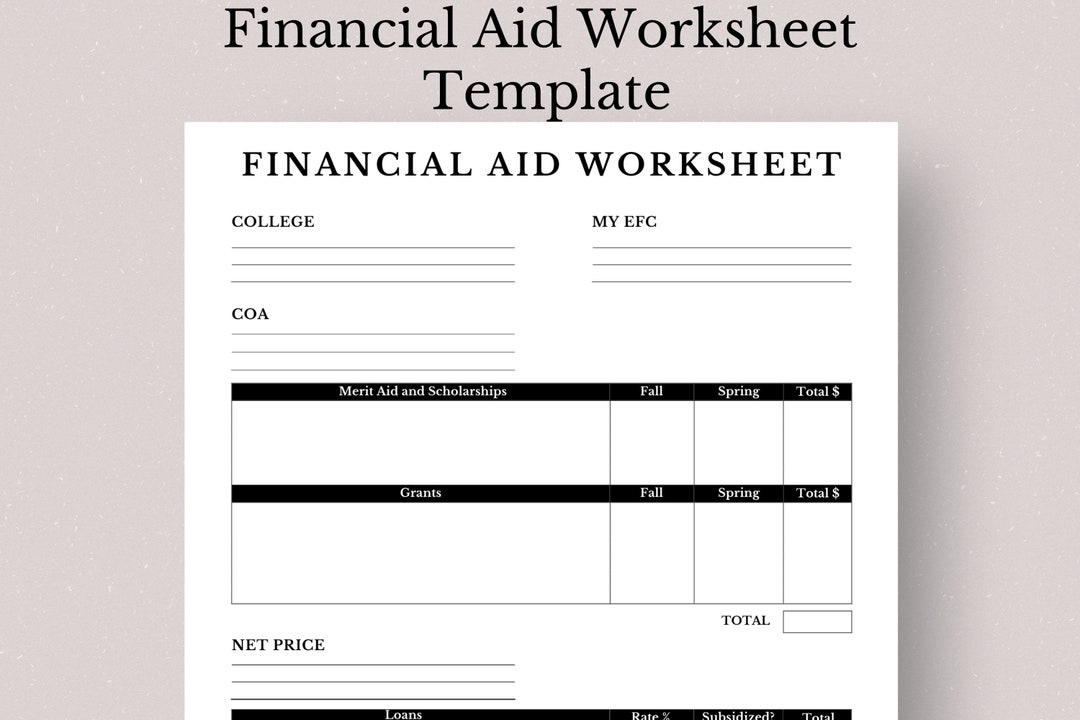 Printable Financial Aid Worksheet, 1 Page Printable Financial Aid ...