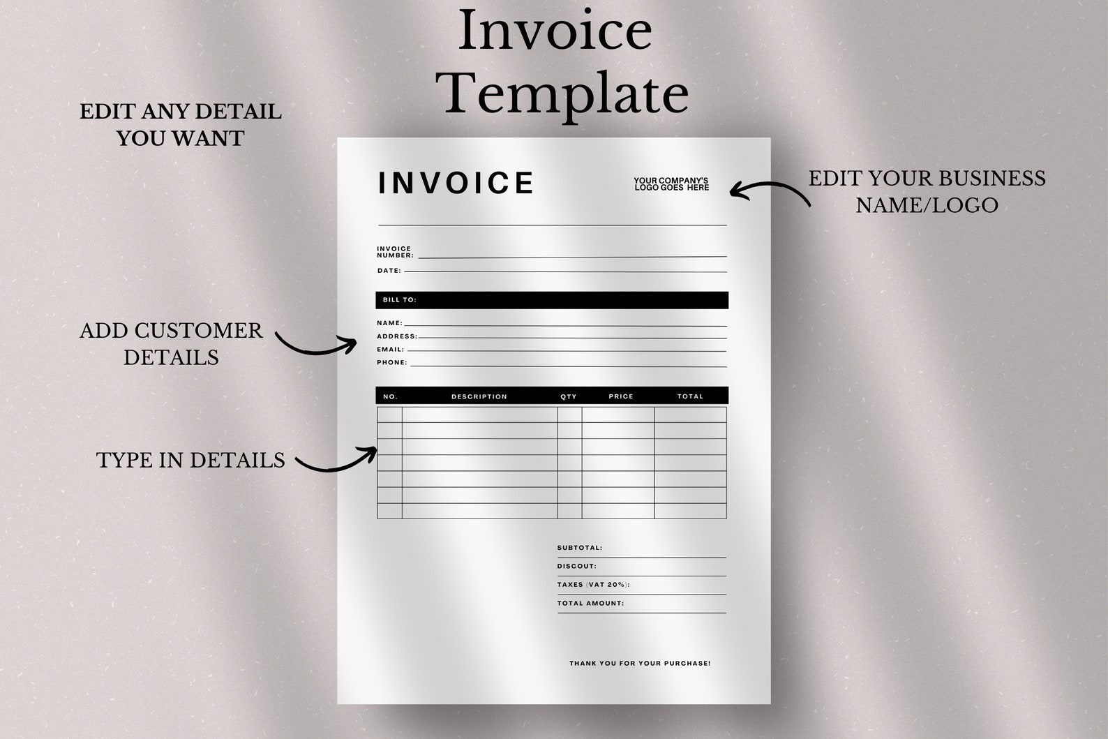 Editable Invoice Template, Printable Invoice, Business Invoice Template ...
