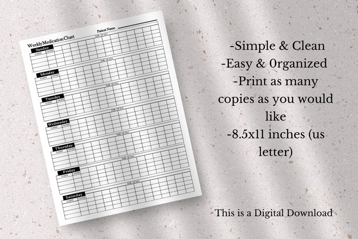 Weekly Medication Chart Template, Printable Medication Log (PDF) - Etsy