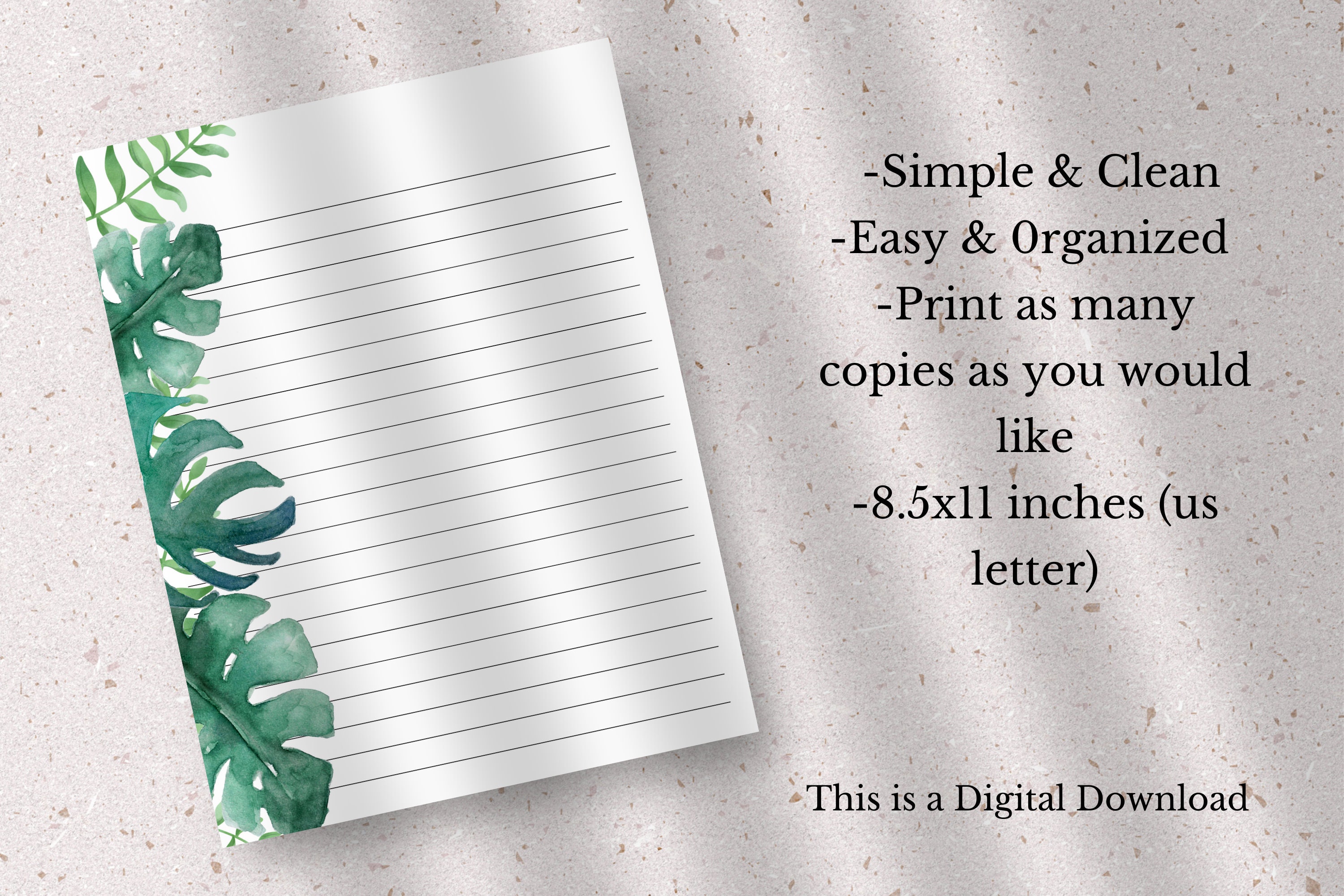 Printable Monstera Leaves Lined Paper, Lined Paper, Wide Ruled Paper ...